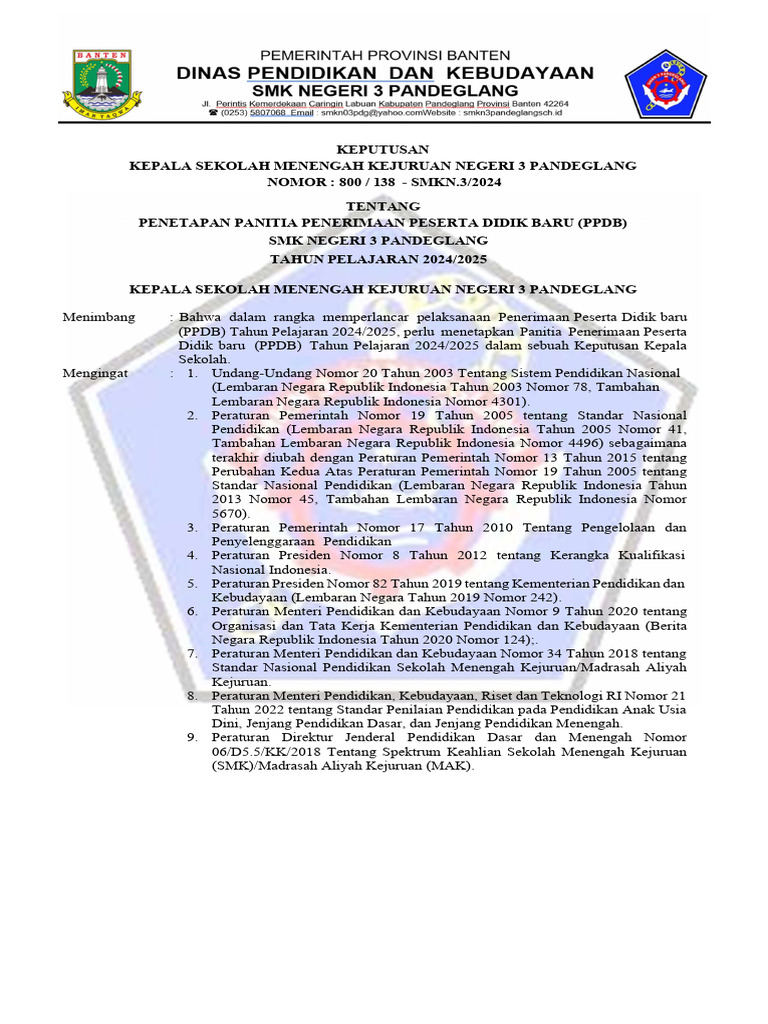 SK Kepanitiaan PPDB 2024 | PDF