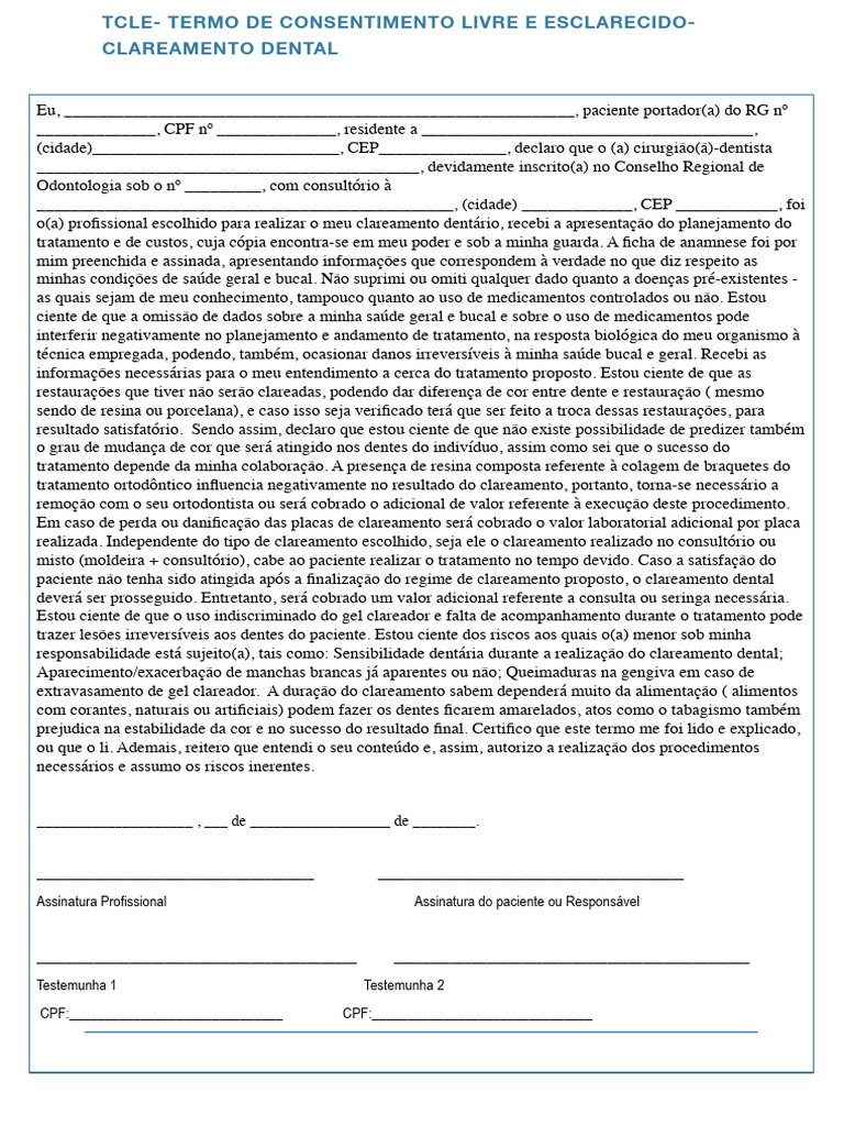 Tcle Clareamento Adulto | PDF | Odontologia | Dente