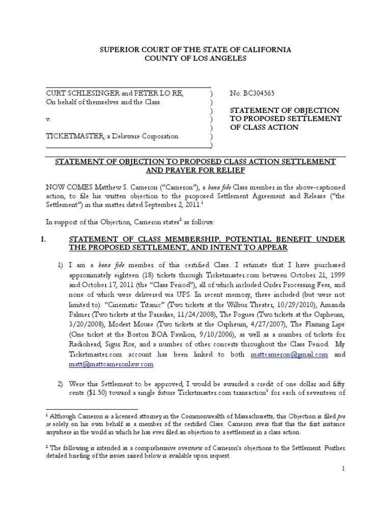 Ticketmaster Class Action Objection | PDF | Class Action | Fee