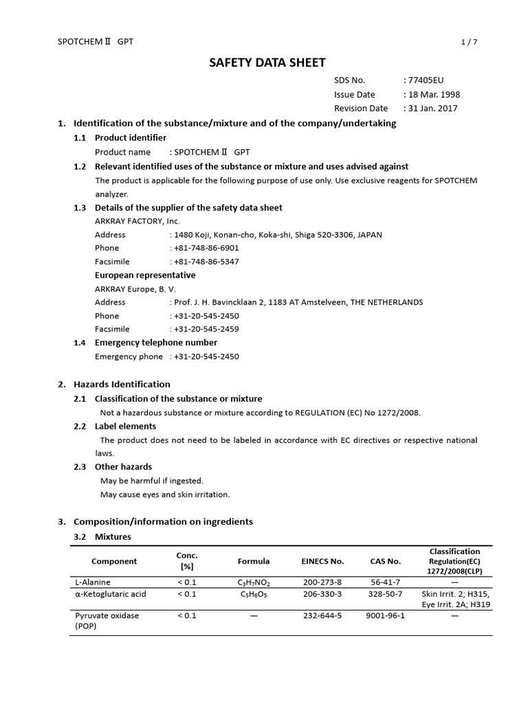 MSDS Arkray SpotchemII S GPT 20170131 | PDF | Safety | Occupational ...
