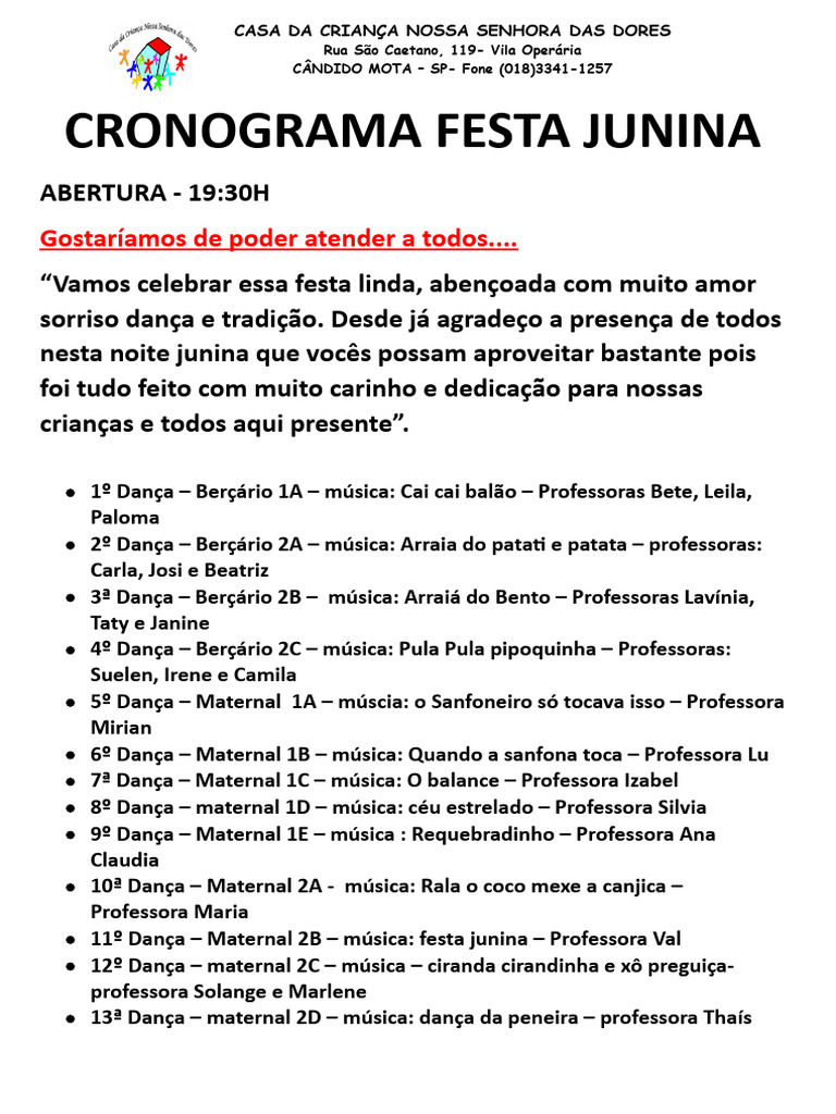 CRONOGRAMA FESTA JUNINA | PDF