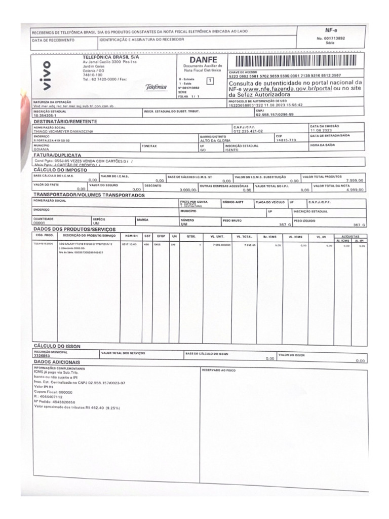 Recebemos de Telefônica Brasil Sa Os Produtos Constantes Da Nota Fiscal ...