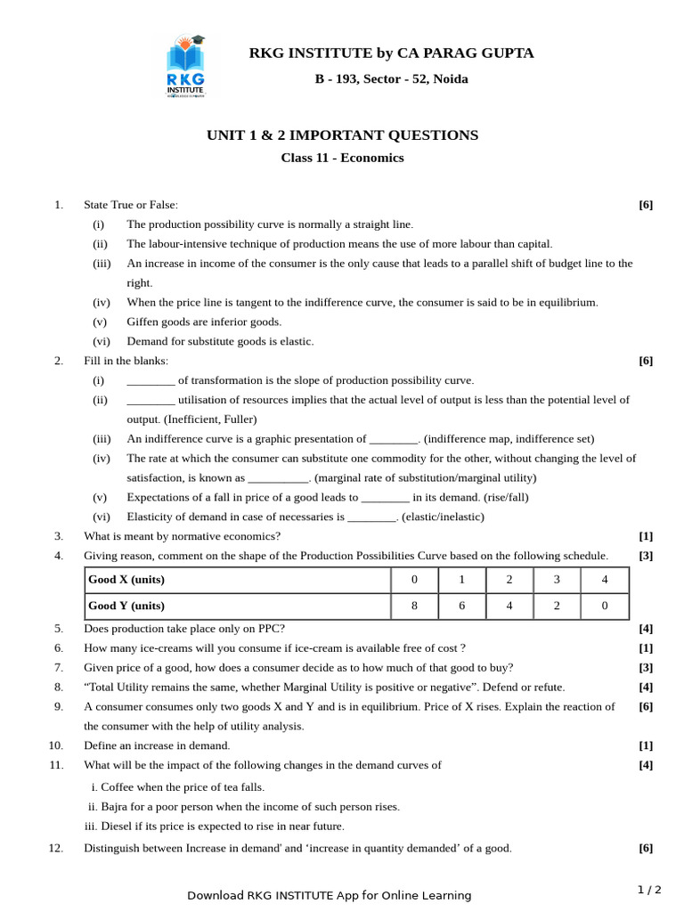 Class 11 Economics Important Questions | PDF | Demand | Elasticity ...