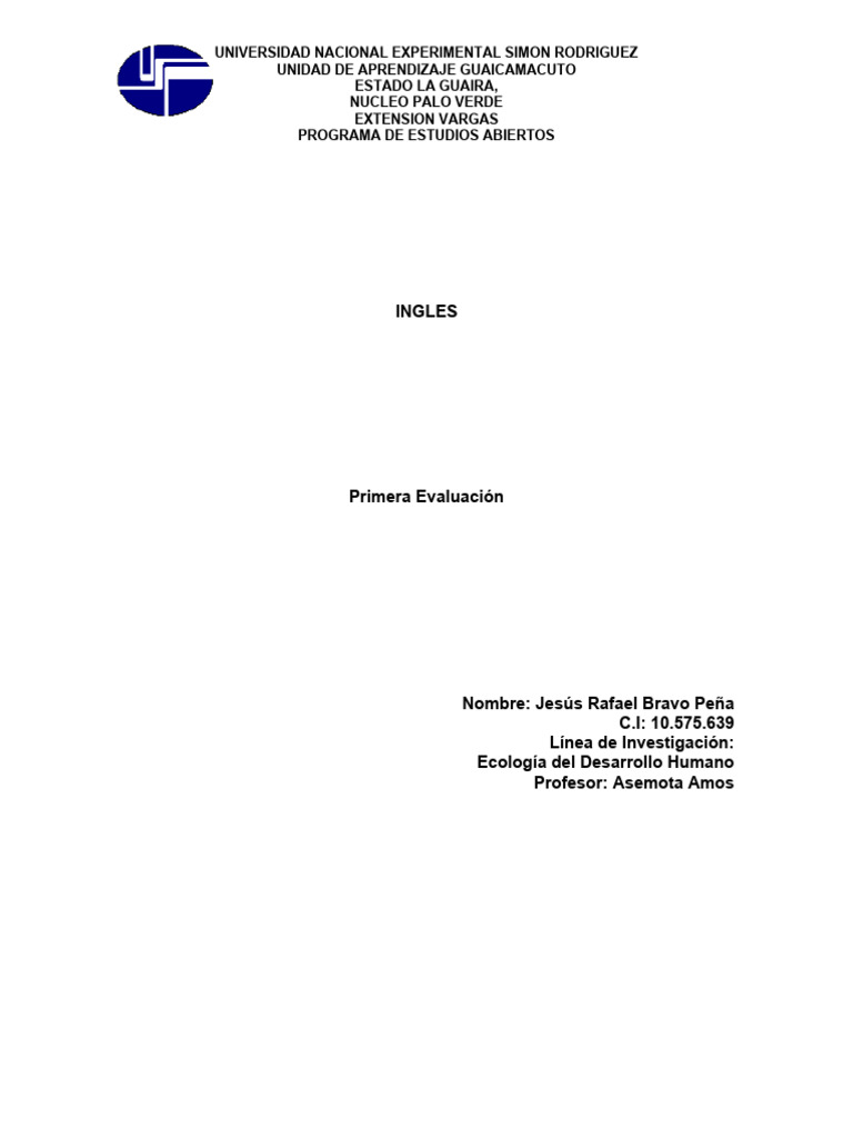 Primera Evaluacion Ingles | PDF | Unidades Semánticas | Relaciones sintácticas