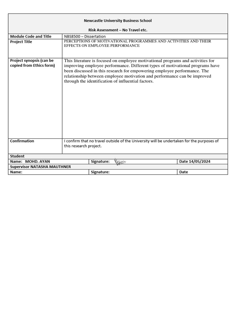 NUBS Risk Assessment Form For Dissertations NO TRAVEL | PDF | Career ...