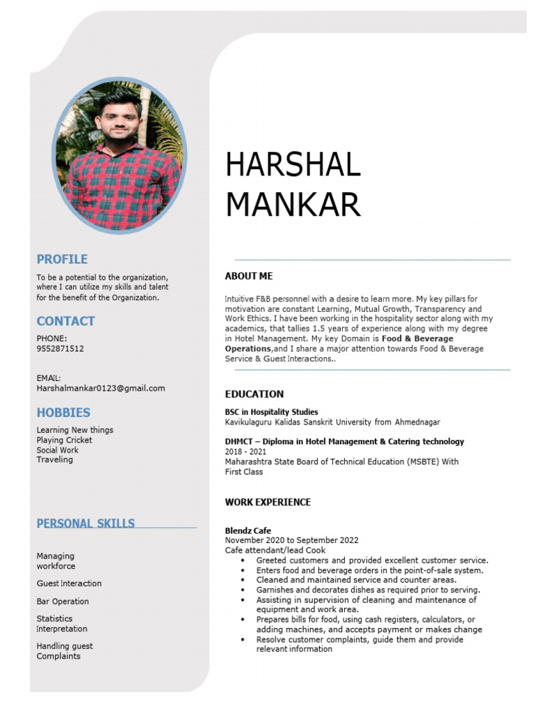 Resume Harshal Mankar F&B Service | PDF | Cognition