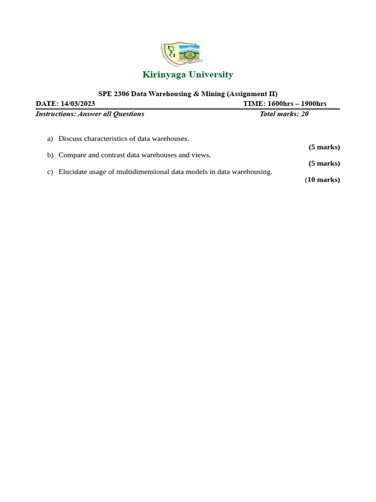 SPE 2306 Data Warehousing Mining (Assignment II) | PDF