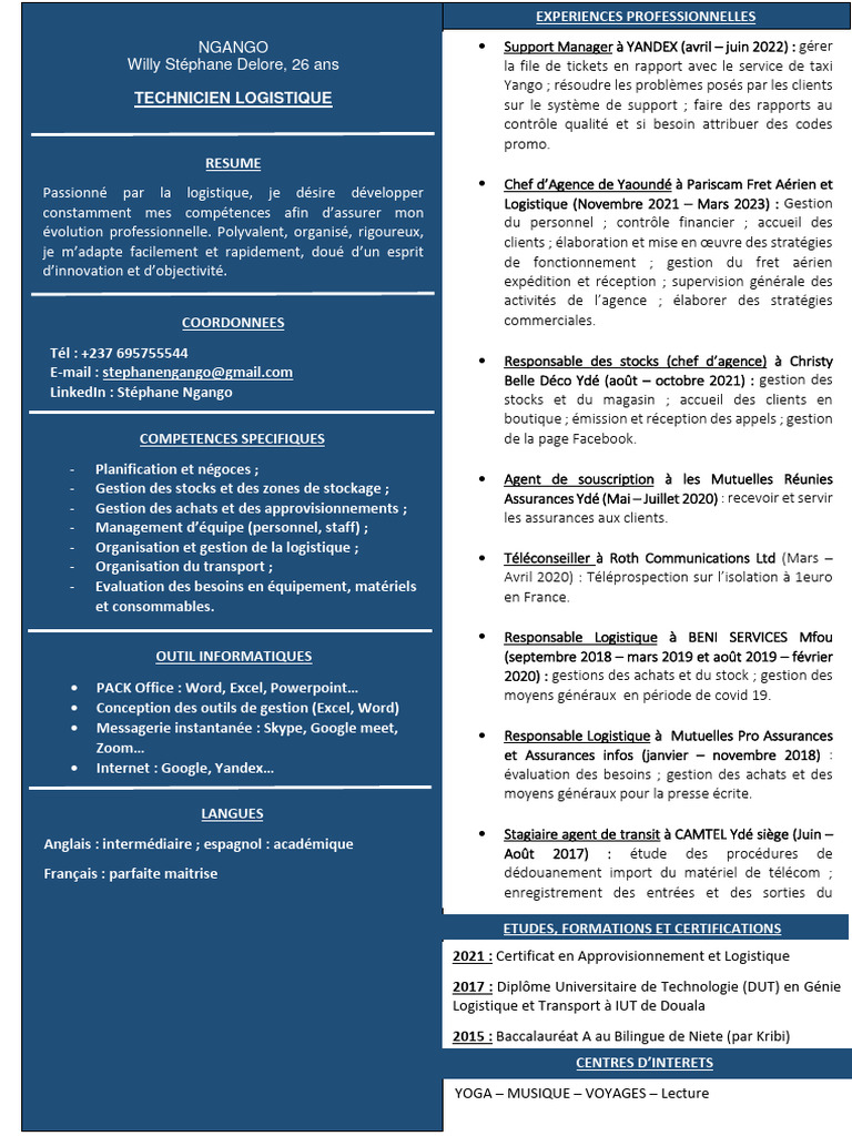 CV de Willy Stéphane Delore, Technicien Logistique | PDF | Logistique