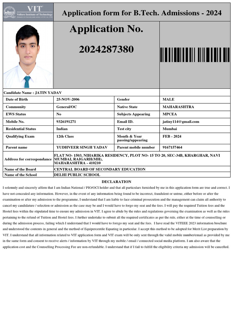 Application No. 2024287380: Application Form For B.Tech. Admissions ...