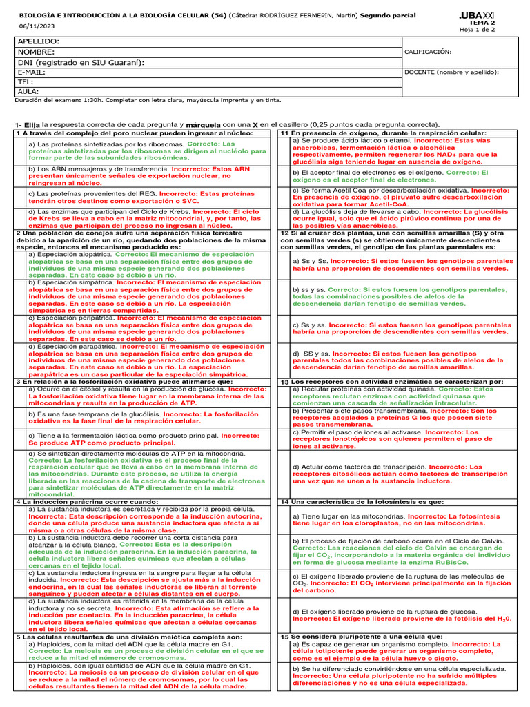 Con Respuestas Tema 2 2p - 2c 2023 | PDF | Adn | Mitocondria