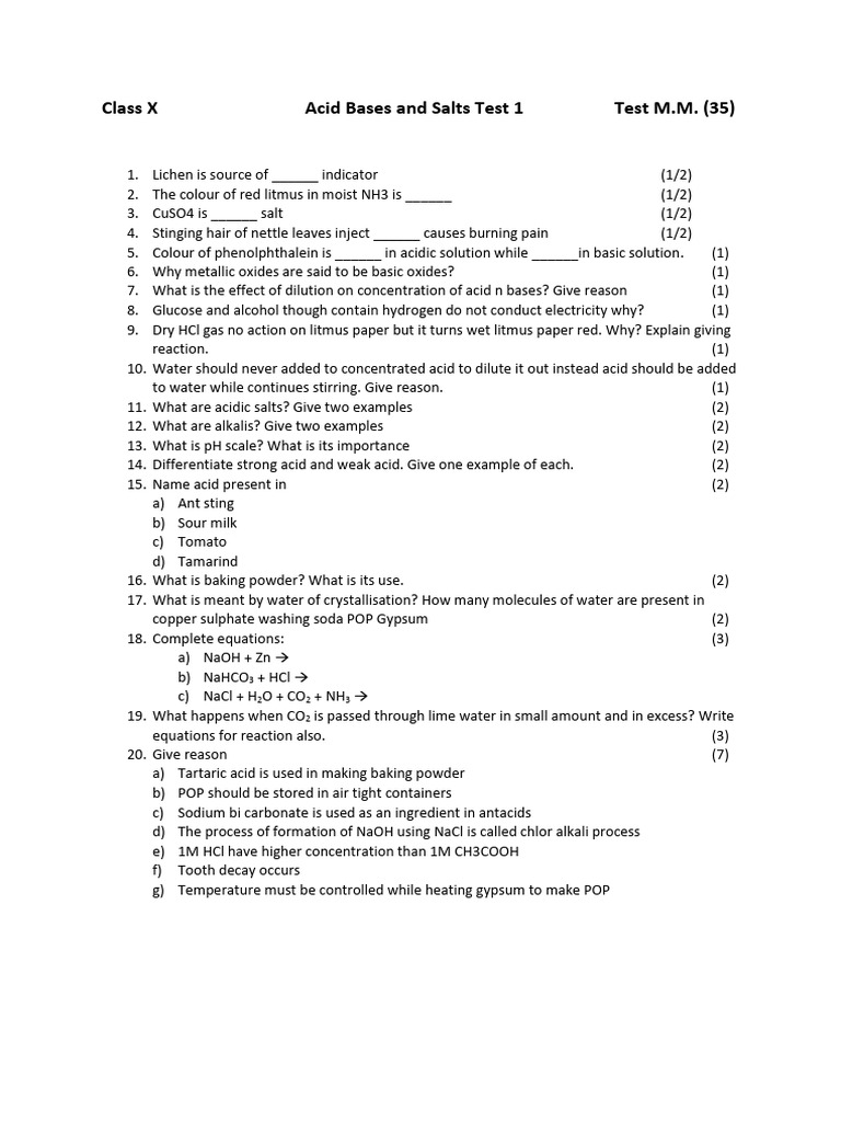 Class X Acid Bases and Salts Test 1 | PDF | Acid | Sodium Hydroxide