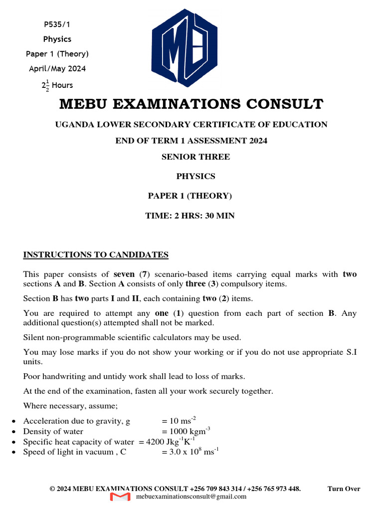 Mebu S.3 Phy 2024 | PDF | Density | Eclipse