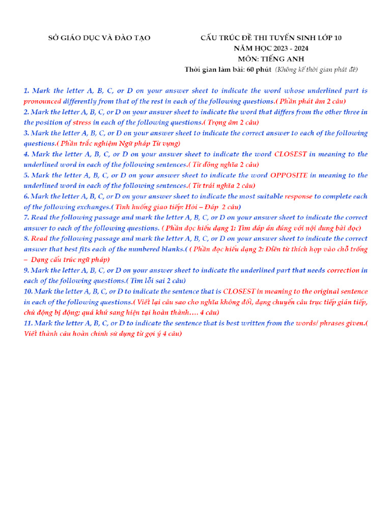 20 Đề Thi Vào 10 Môn Tiếng Anh Form Hà Nội | PDF