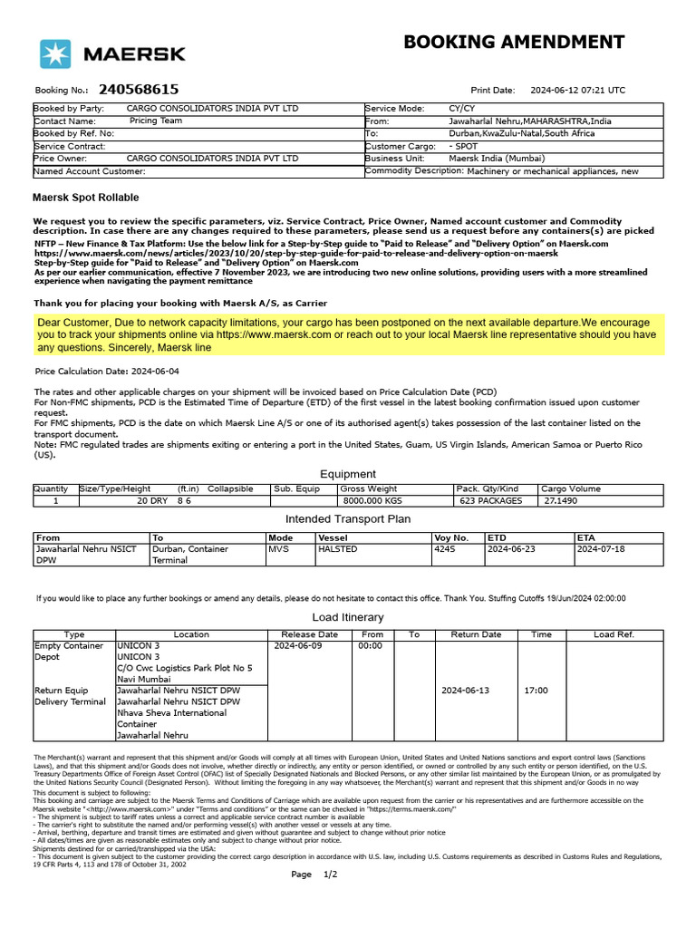 Booking Amendment For Cargo Shipment Pdf Cargo Indemnity
