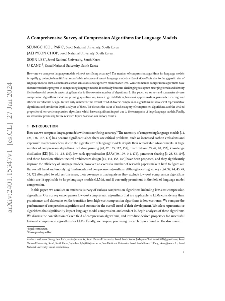 A Comprehensive Survey of Compression Algorithms For Language Models - 2024 - Park Et Al | PDF ...