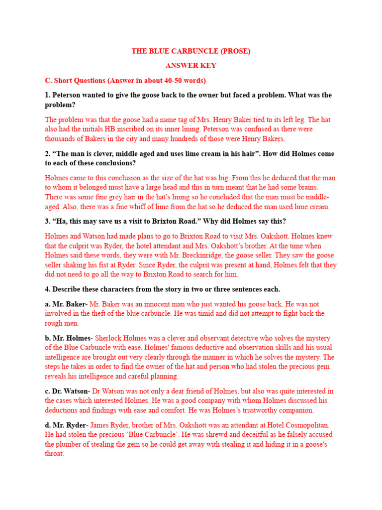 Blue Carbuncle: Class 7 Q&A Guide | PDF | Sherlock Holmes