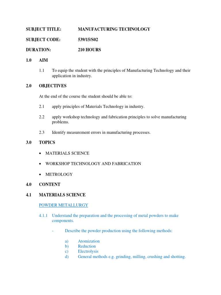 001 Manufacturing Technology Syllabus - National Deploma. | Download ...