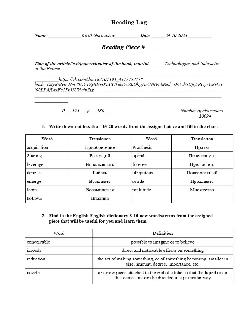 Reading Log Gorbachev Kirill 1 Vord | PDF | 3 D Printing | Printer (Computing)