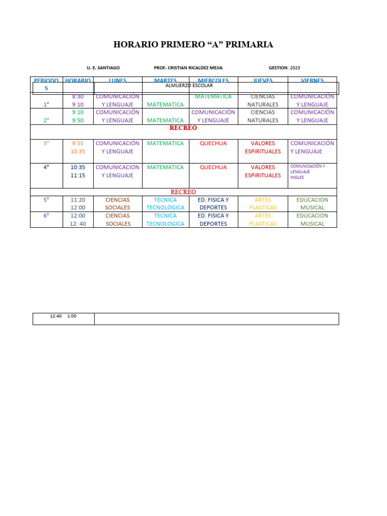 Horario Primero | PDF | Ciencias sociales | Estudios de idiomas extranjeros