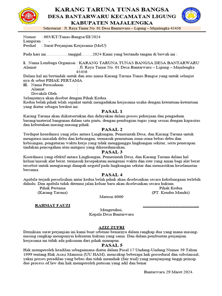 Surat Perjanjian Kerjasama Mou Pdf