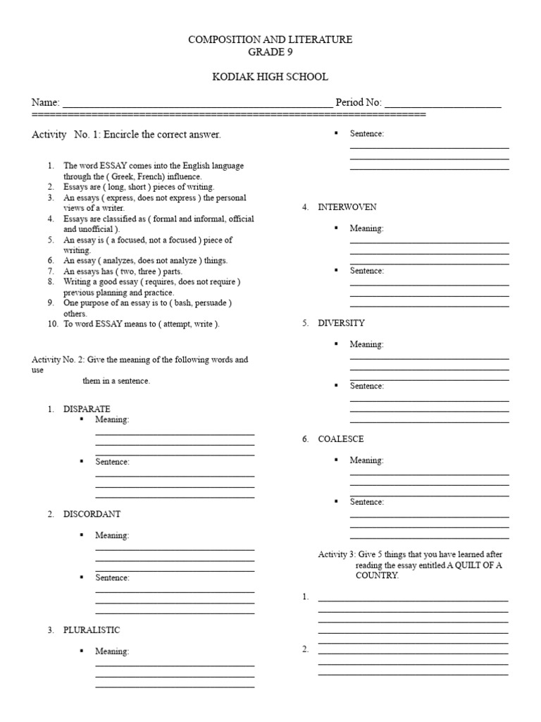 Grade 9 - Worksheet 4 | PDF