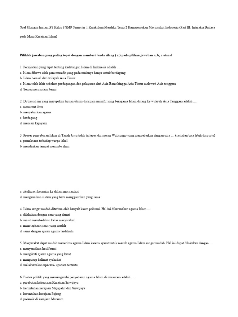 Soal IPS Kelas 8: Interaksi Budaya Islam | PDF | Perjalanan