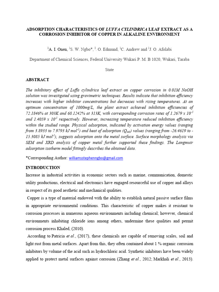 ADSORPTION CHARACTERISTICS OF LUFFA CYLINDRICA LEAF EXTRACT AS A CORROSION INHIBITOR OF COPPER ...