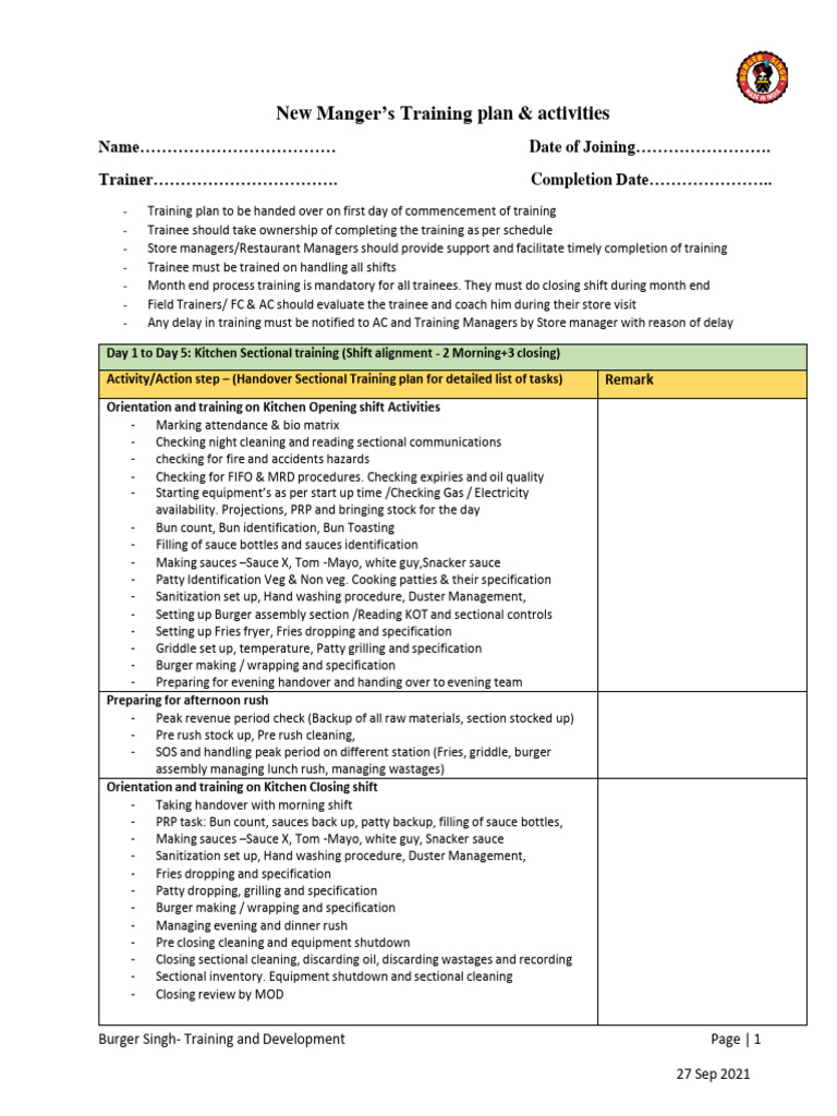 New Manager - Training Plan | PDF | Hamburgers | Point Of Sale