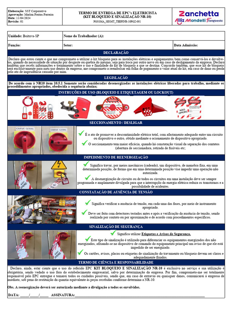 Termo de Entrega de Epi's Eletricista (Kit Bloqueio e Sinalização Nr-10 ...
