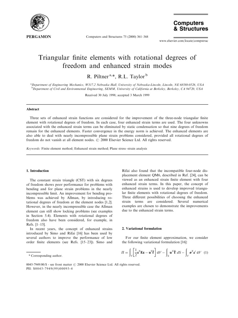 Piltner Taylor Triangular FE Rotational DOF Enhanced Strain 2000 | PDF ...