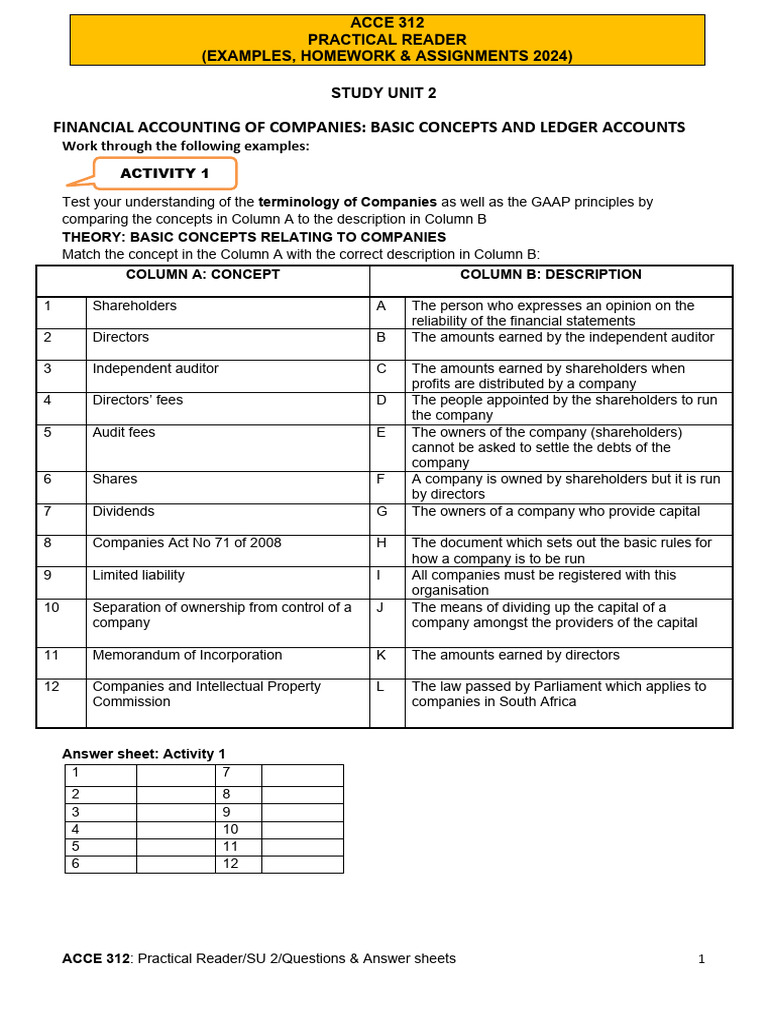 Acce 312 Practical Reader Su 2 Questions and Answer Sheets - p.1-6 - 2 ...