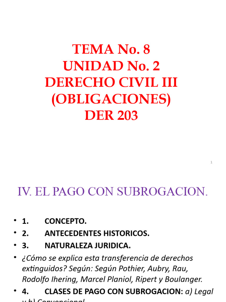TEMA No 8 - DERECHO CIVIL III | PDF | Subrogación | Pagos