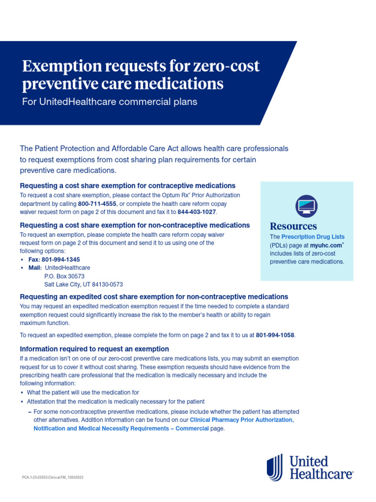 COMM Patient PACA Zero Cost Share Exemption Request | PDF | Preventive ...