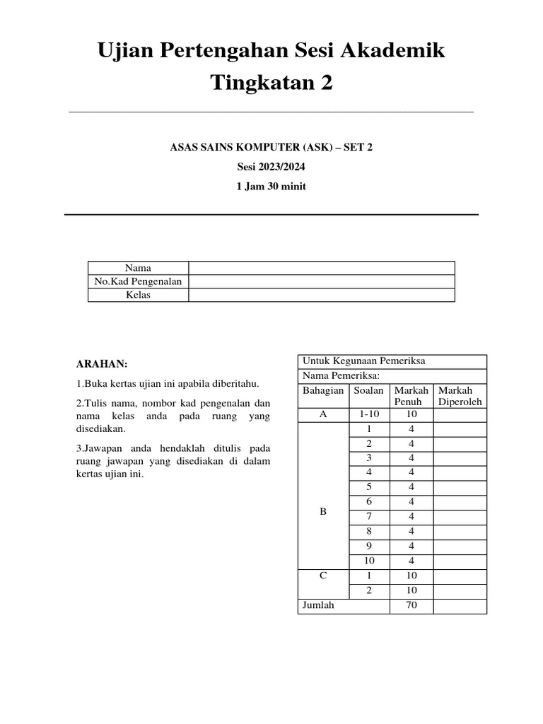 Kertas Ujian Pertengahan Tahun Asas Sains Komputer Ask Tingkatan 2 02-2-15 | PDF