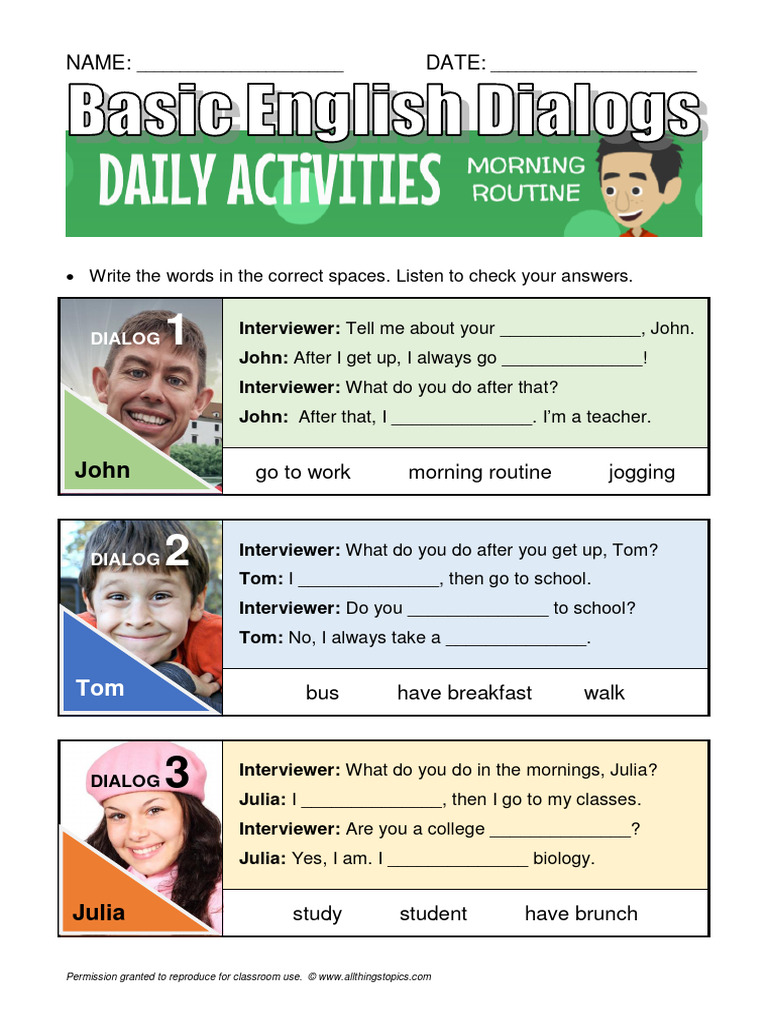 Basic English Dialogs Dailymorningroutine Pdf Language Acquisition