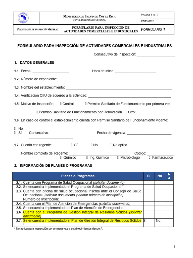 DAC Formulario General Inspeccion | Descargar gratis PDF | Residuos | Higiene