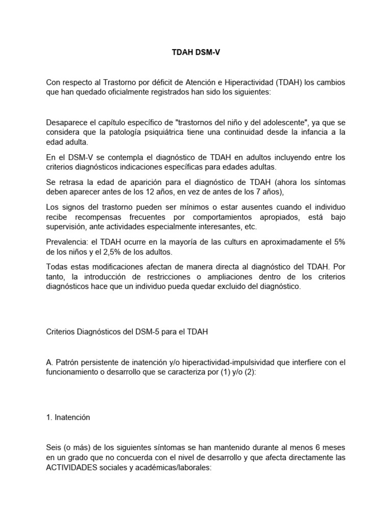Criterios DSM-V para Diagnóstico de TDAH | PDF | Desorden hiperactivo y ...