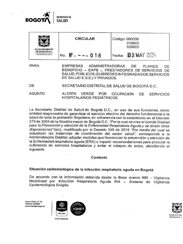 Circular 016 de 2024 Alerta Verde Por Ocupacion de Servicos Hospitalarios Pediatricos | PDF