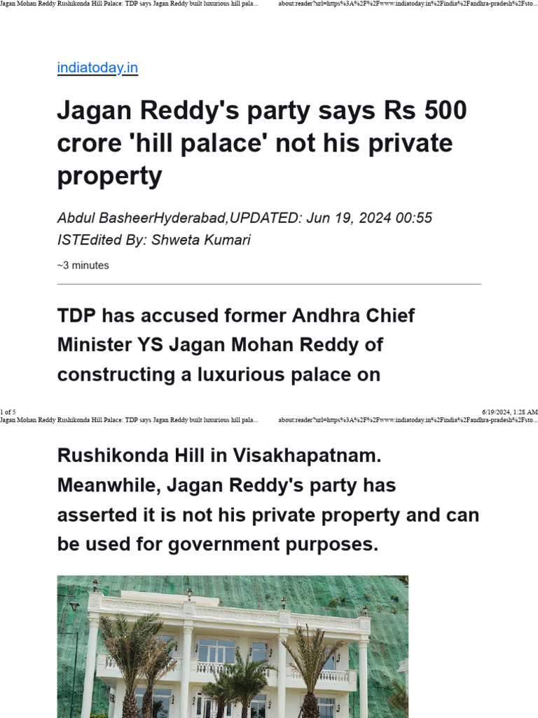 Jagan Reddy's Party Says Rs 500 Crore 'Hill Palace' Not His Private Property | PDF | Politics Of ...