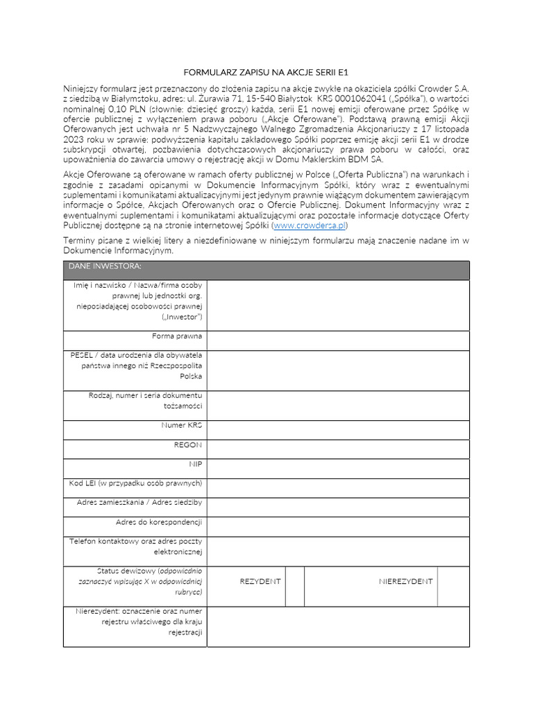Wzor Formularza Zapisu E1 1 | PDF