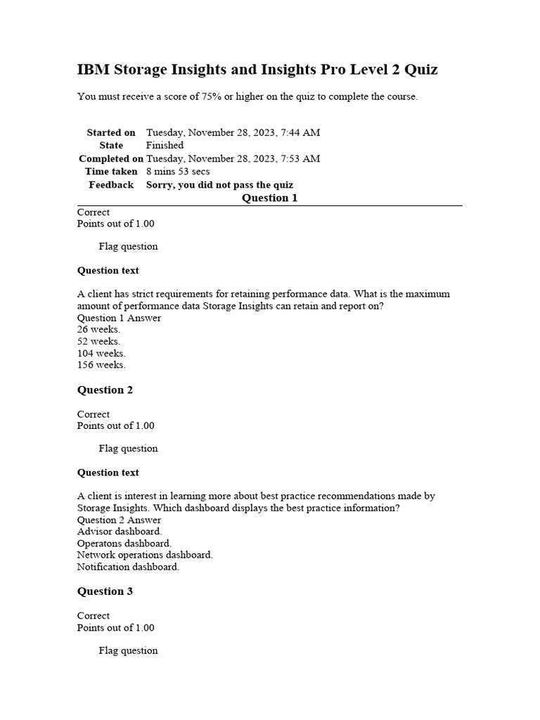 IBM Storage Insights and Insights Pro Level 2 Quiz attempt 2 | PDF | Computer Network | Computer ...