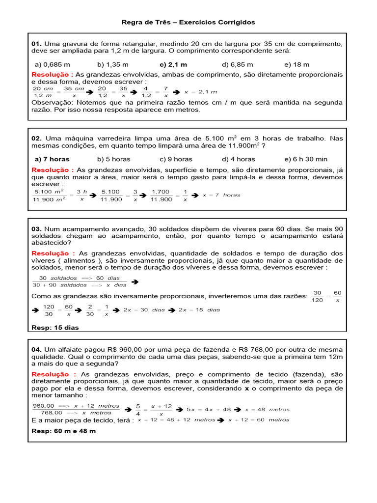 Matem Tica Para Concursos Regra de Tr s Simples e Composta 10 Exercicios Detalhadamente ...