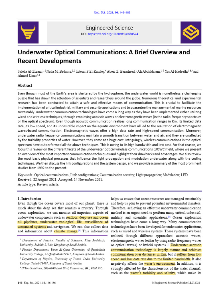 Underwater Optical Communications a Brief Overview and Recent Developments | Download Free PDF ...