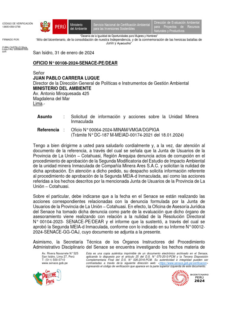 Signed Stamped Oficio 00108 2024 SENACE PE DEAR.1 | PDF | Gobierno