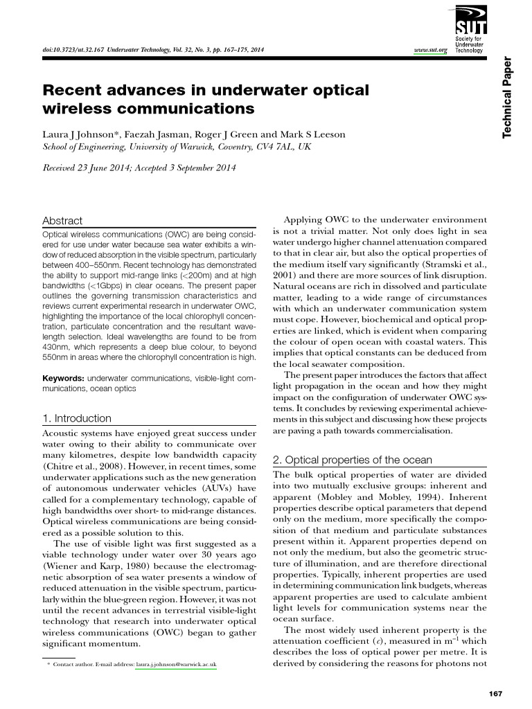 Recent Advances in Underwater Optical Wireless Communications | PDF | Scattering | Optics
