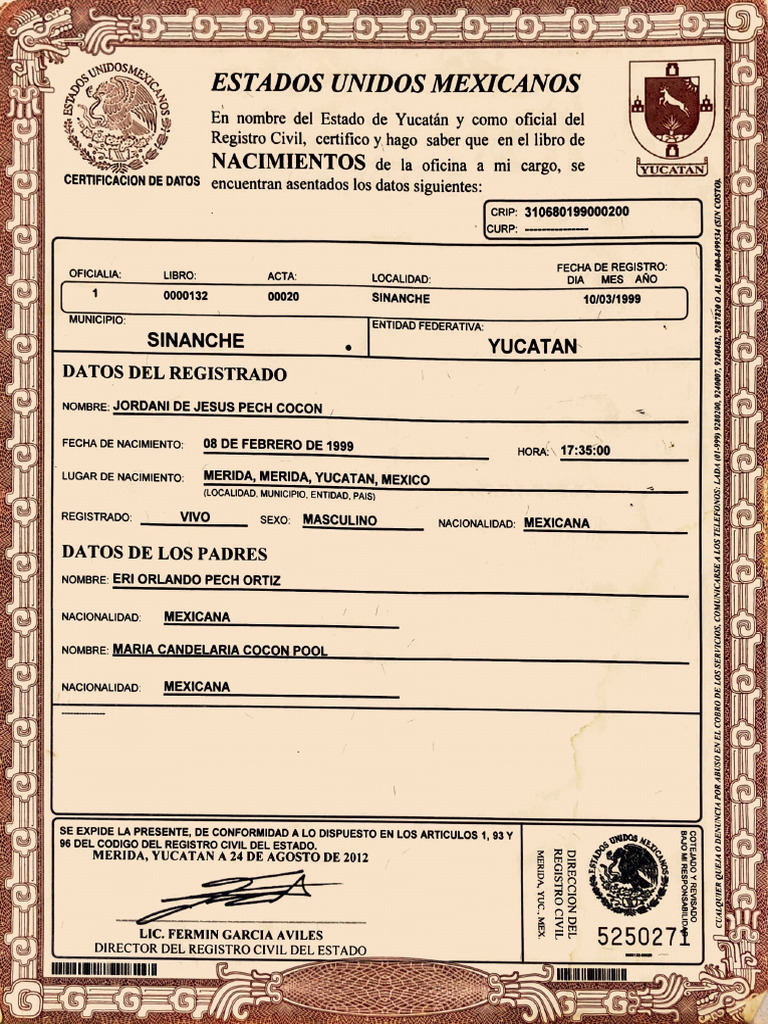 Acta de Nacimiento Jordani | PDF | Información del gobierno | Derecho Civil (Common Law)