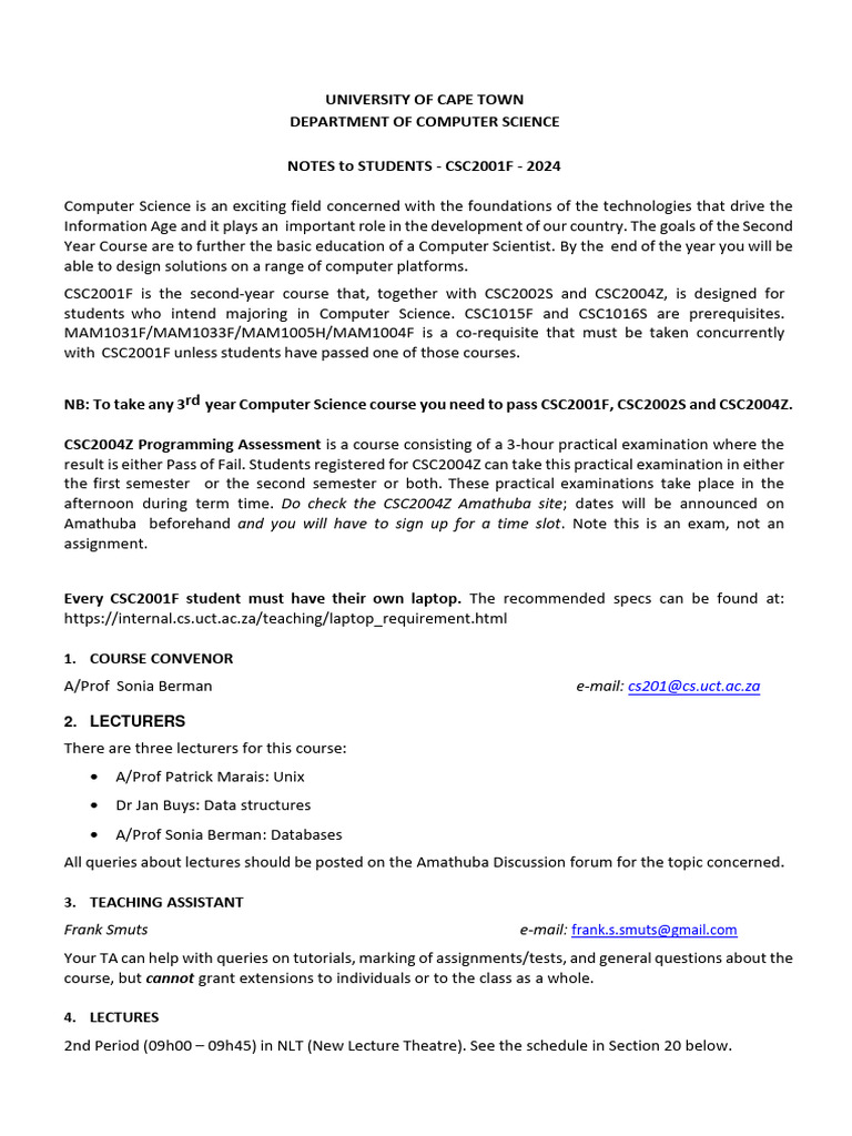 UCT CSC2001F Course Overview 2024 | PDF | Academic Dishonesty | Plagiarism