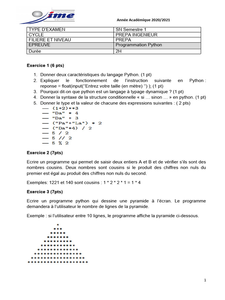 Examen Python Prépa Ingénieur | PDF