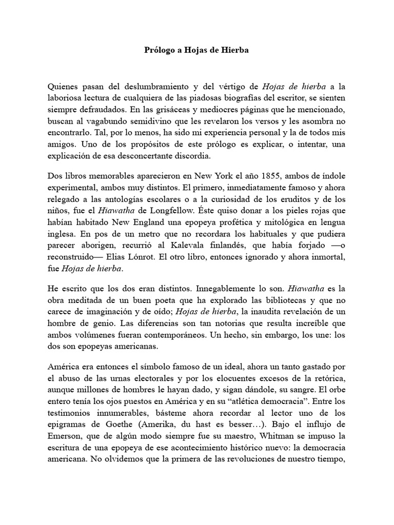 Prólogo de Borges a Hojas de Hierba | PDF | Walt Whitman