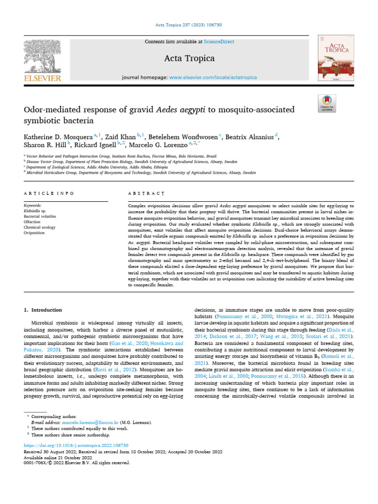 Odor-mediated Response of Gravid Aedes Aegypti to Mosquito-Associated Symbiotic Bacteria ...
